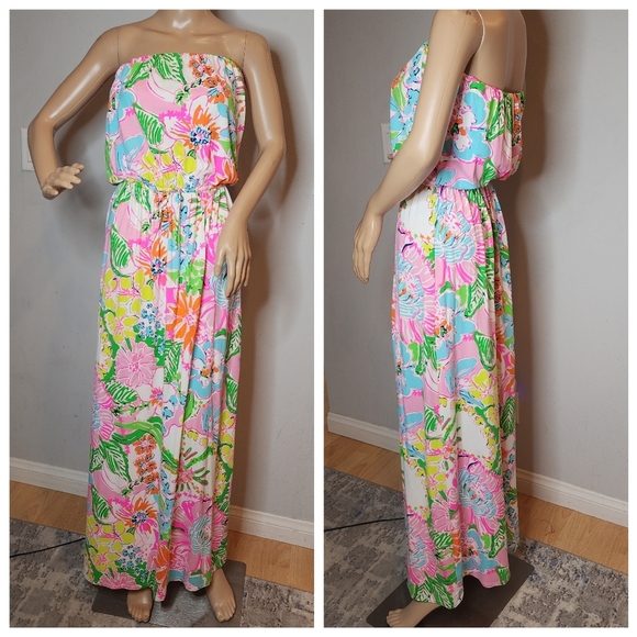 Lilly Pulitzer | Dresses | Lilly Pulitzer Target Strapless Multi Floral Jersey Cinch Waist Maxi ...